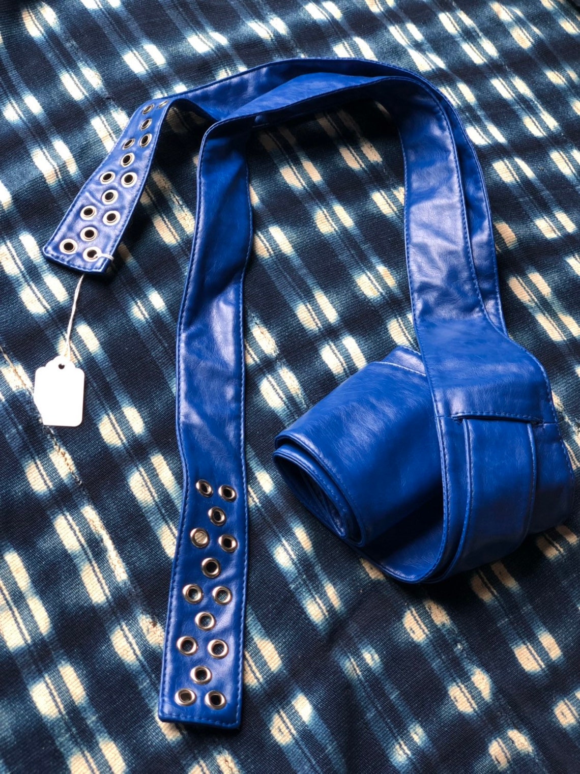 1980's Cobalt Blue Leather Tie Belt / Vintage Leather Grommet Belt ...