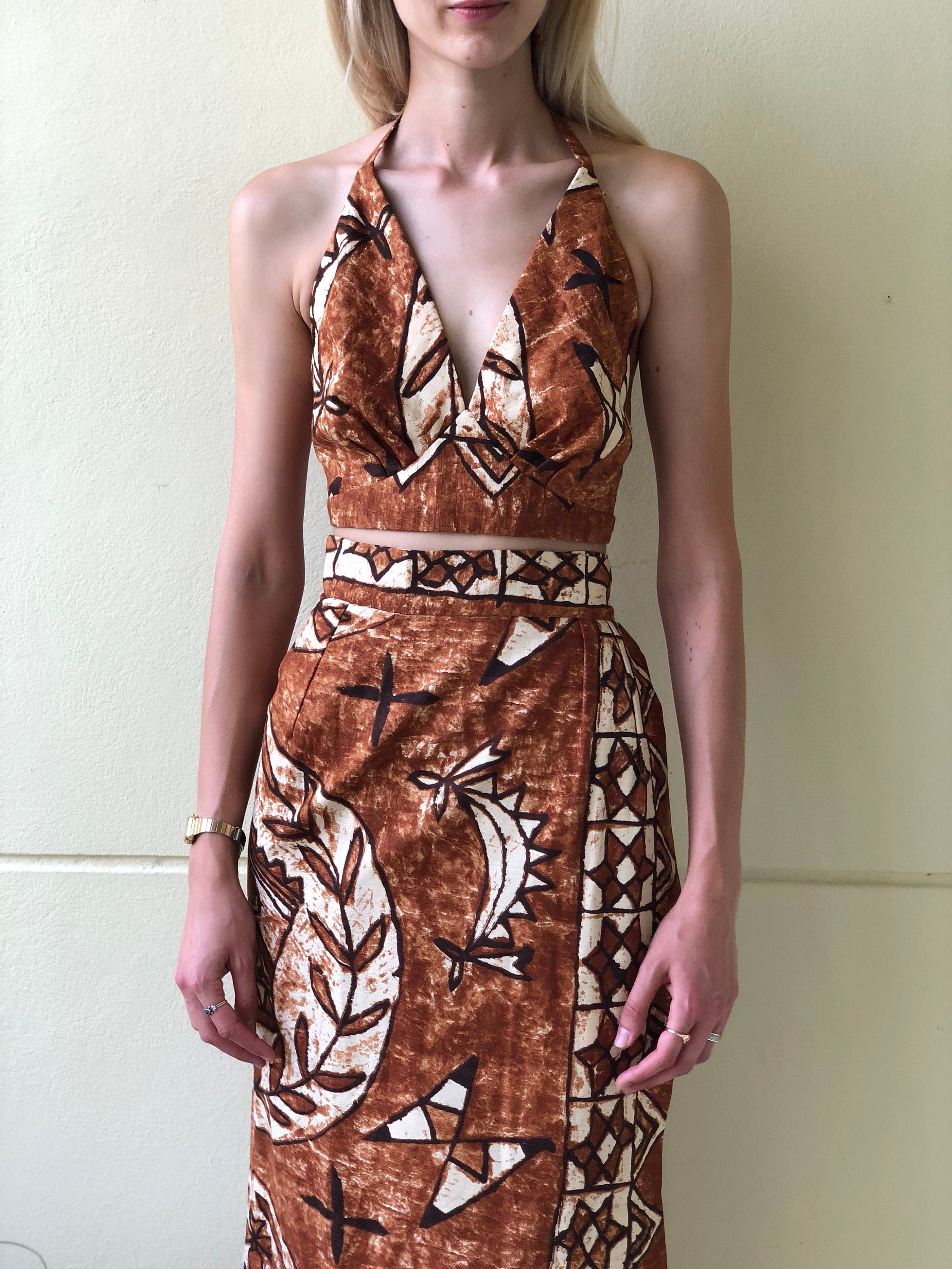 70's Batik Crop Top and Skirt Set / Cotton Wrap Midi Skirt - Etsy