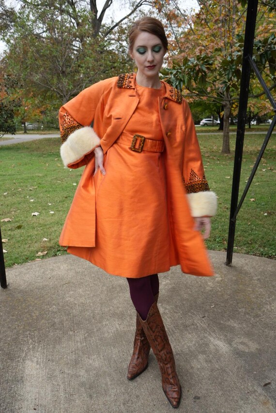 1960s Dress and Coat Suit Set / Bright Orange Dupioni… - Gem