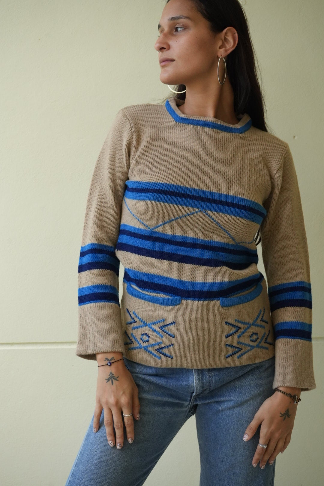Vintage 70s Sweater / Printed Knit Tunic With Pockets / Bohemian Knit ...