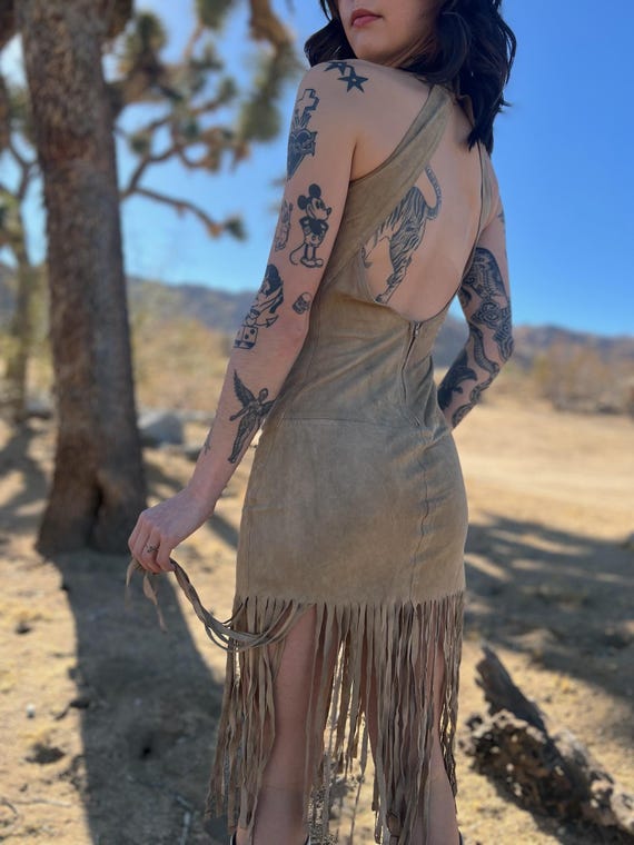 1960s Mini Dress / Suede Leather Fringe Mini Dress / … - Gem