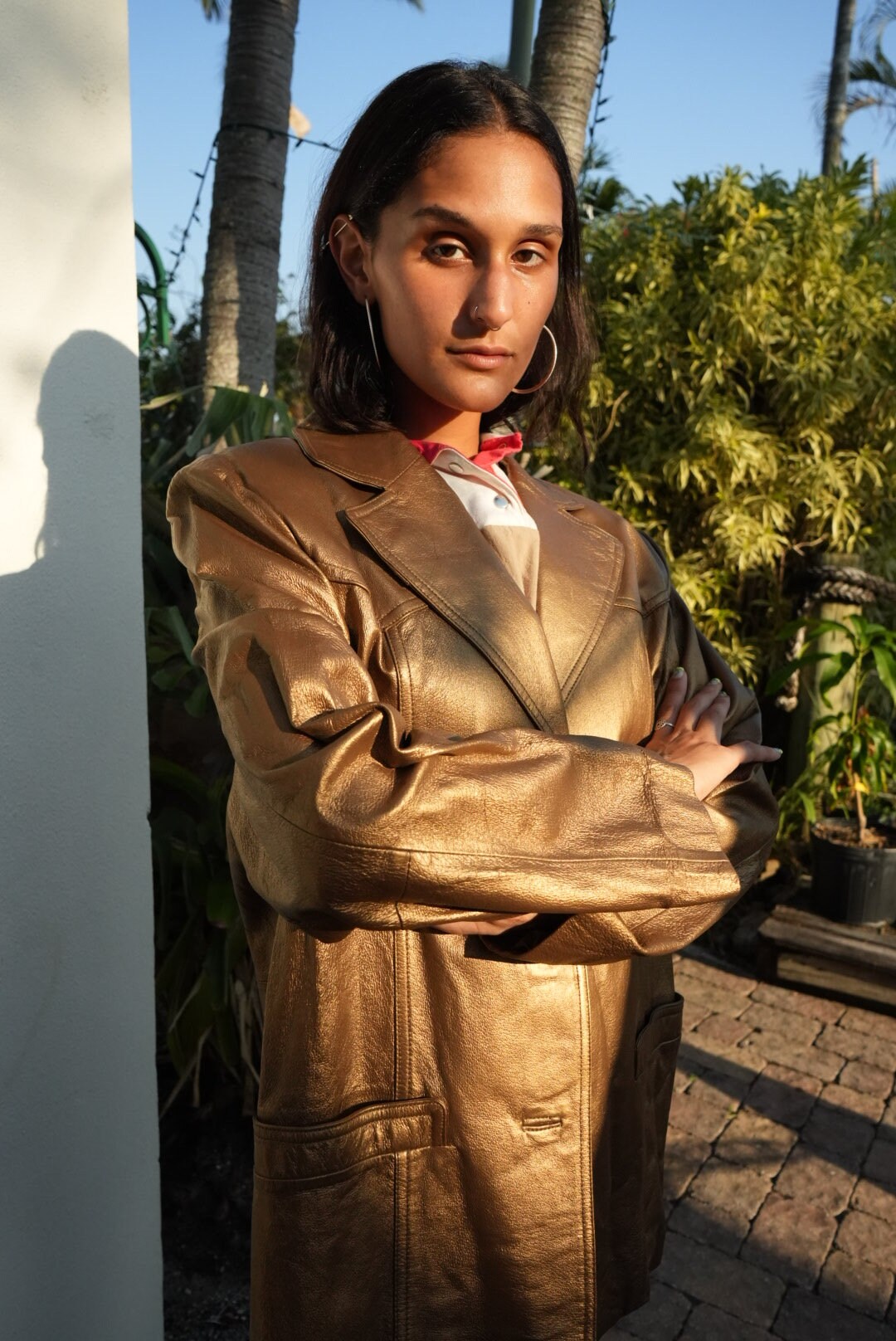 Y2k Leather Jacket / 48" Bust / Nineties Y2k Shiny Metallic Bronze Leather Jacket With Gold Lion ...