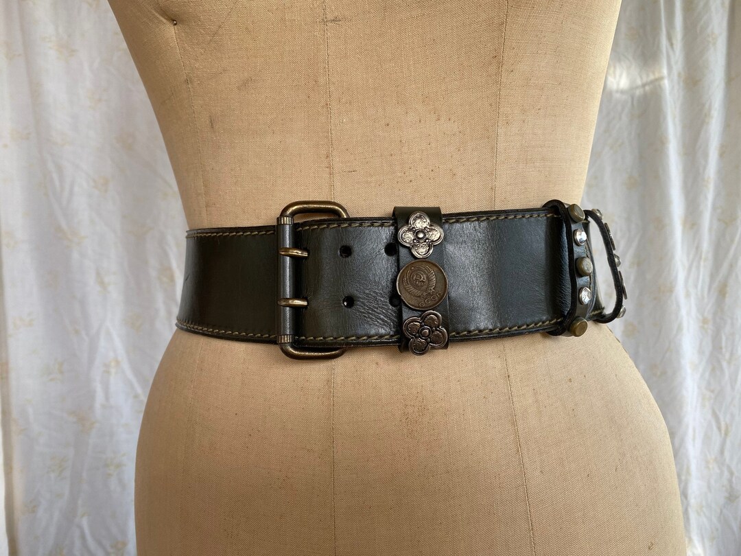 Vintage Leather Coin Belt / 28-30.5" Waist Coin Studs Rhinestones Belt ...