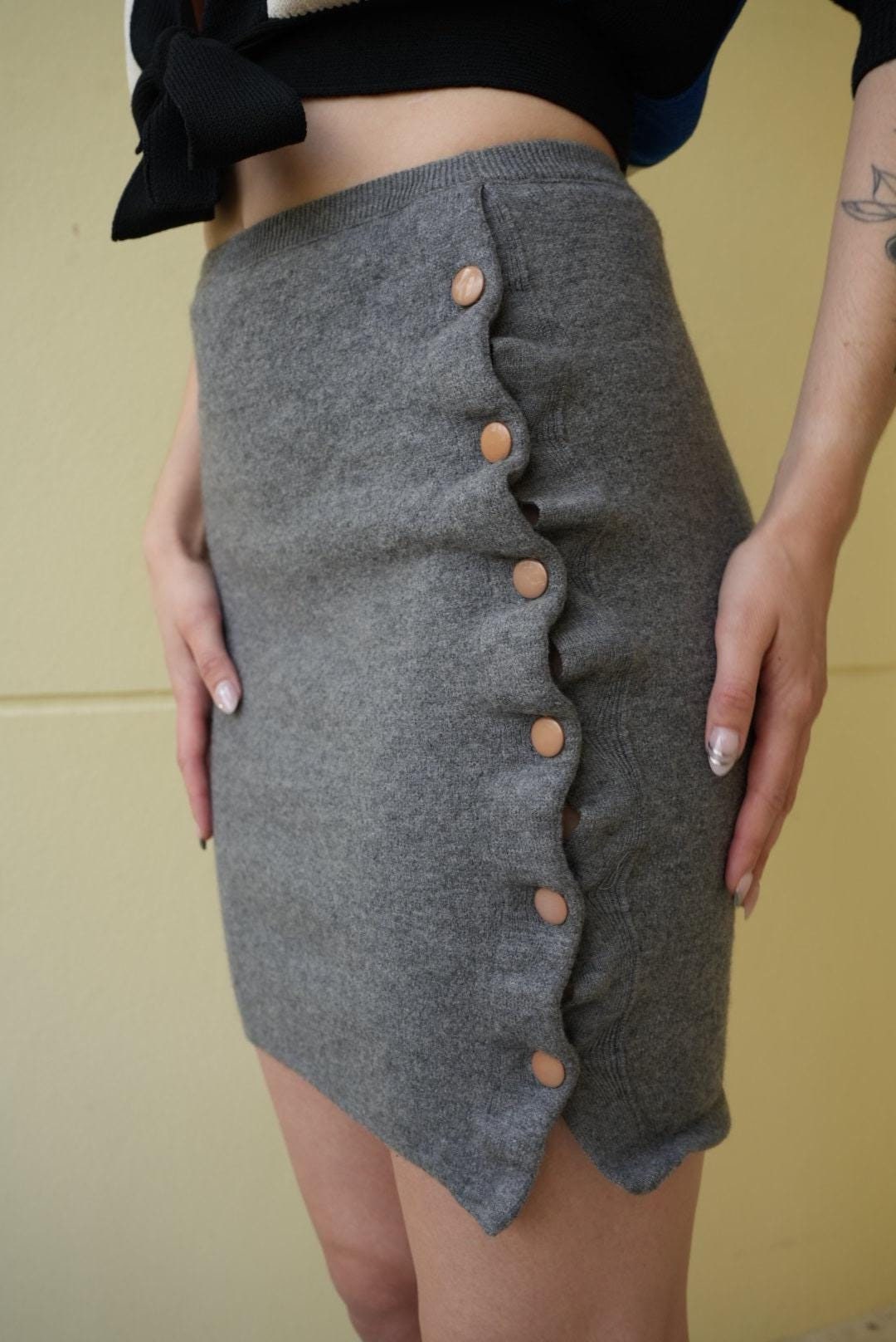 1990's Knit Skirt / Rodier Designer Skirt / Wool Knit Mini Skirt / Gray ...
