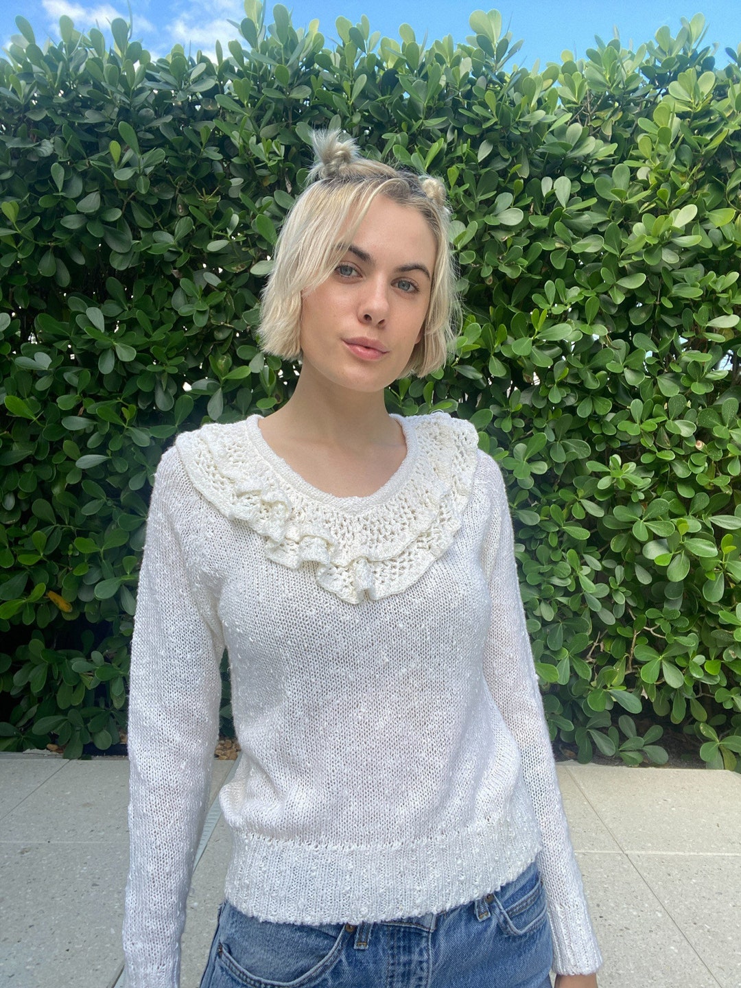 Frilly Neckline Sweater / Knit 1980's Sweater / Vintage Slim Cut Fit ...