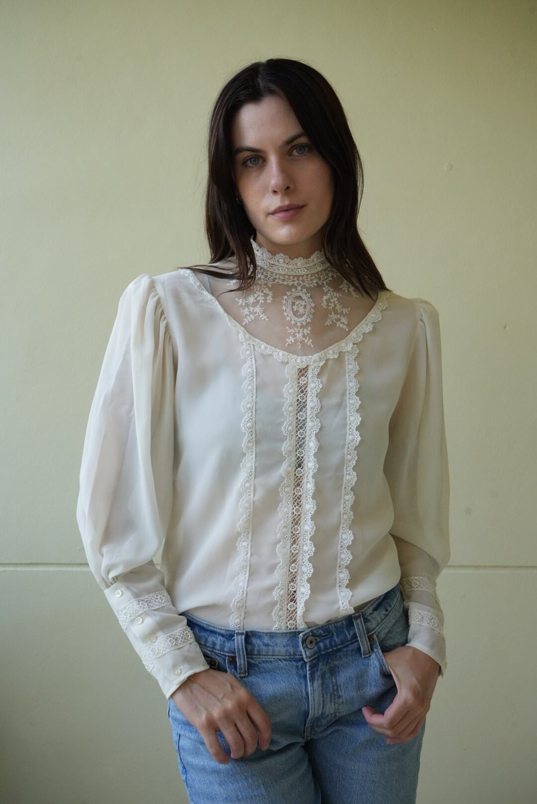 Vintage 70's Lace Blouse / Vintage Sheer Blouse / High Neckline / 1970 ...