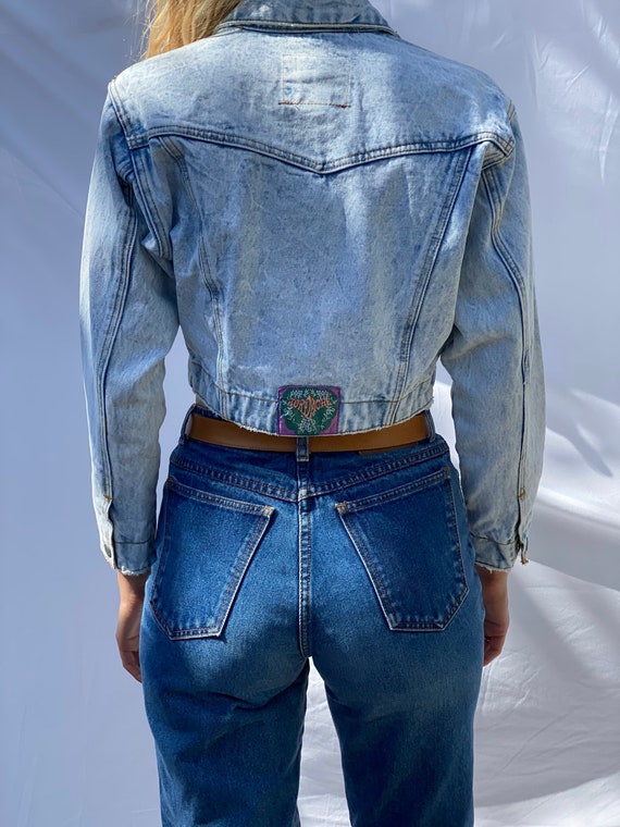 1990's Denim Jacket / Bleached Out Denim / Varsity Ja… - Gem
