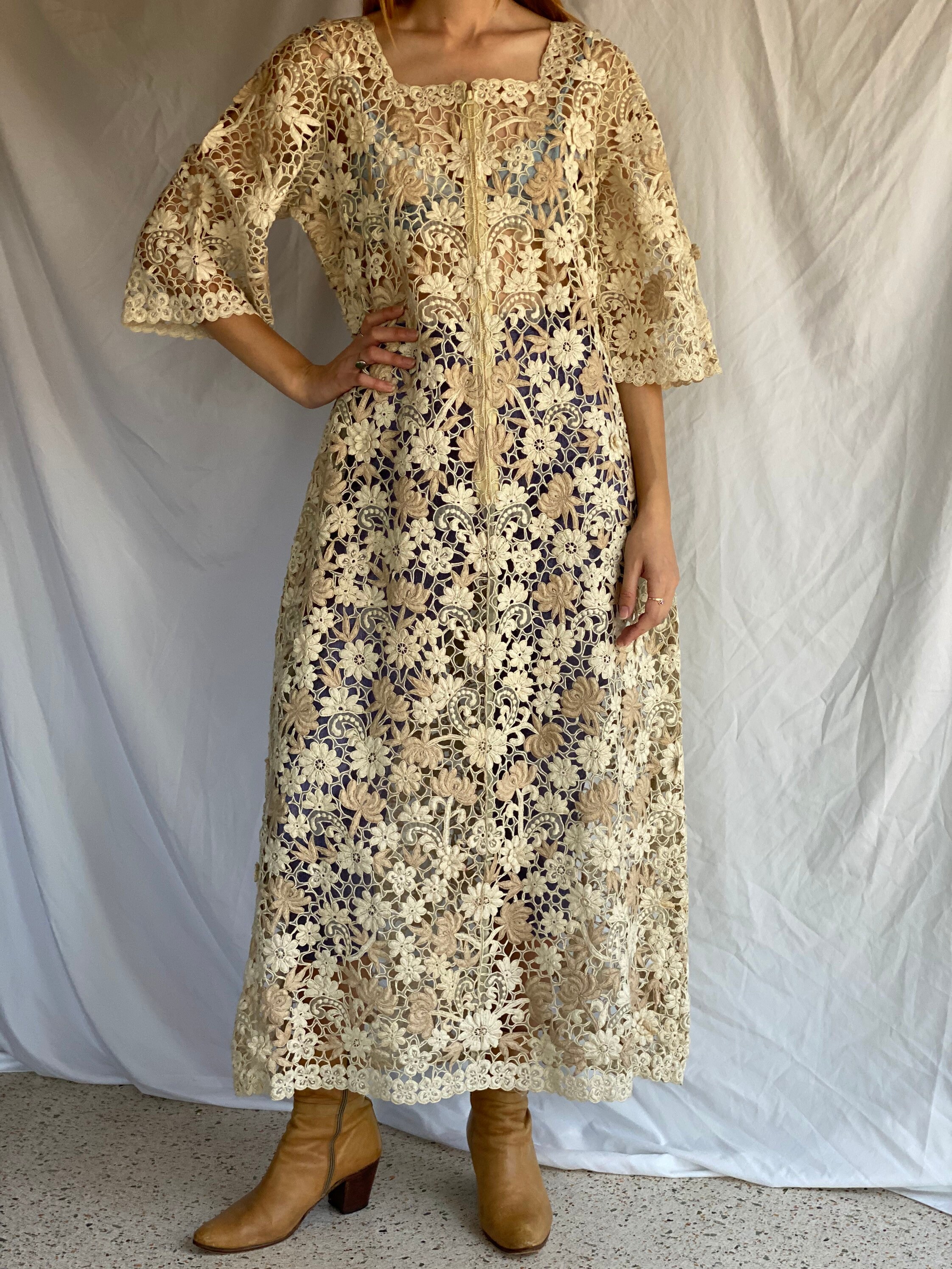 1960's Lace Maxi Dress / Plastic Front Zipper Sixties Lace Gown ...