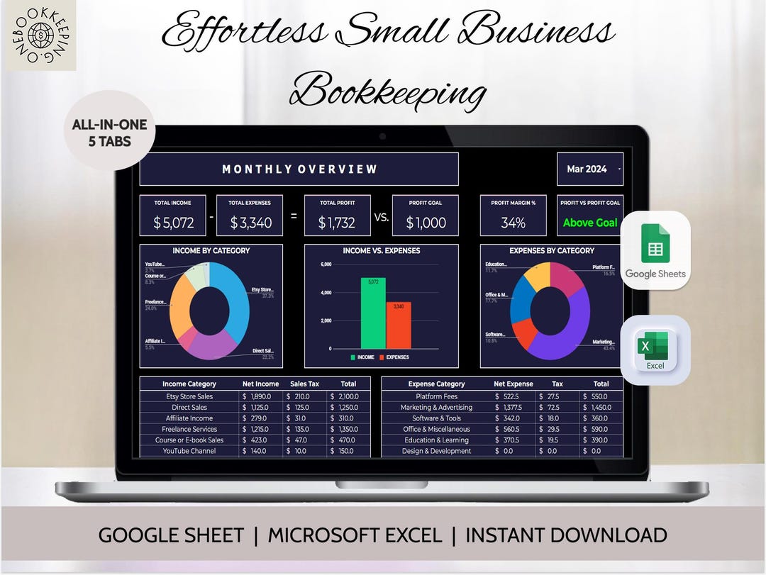 Small Business Bookkeeping Template Dark Mode | Google Sheet and Excel ...