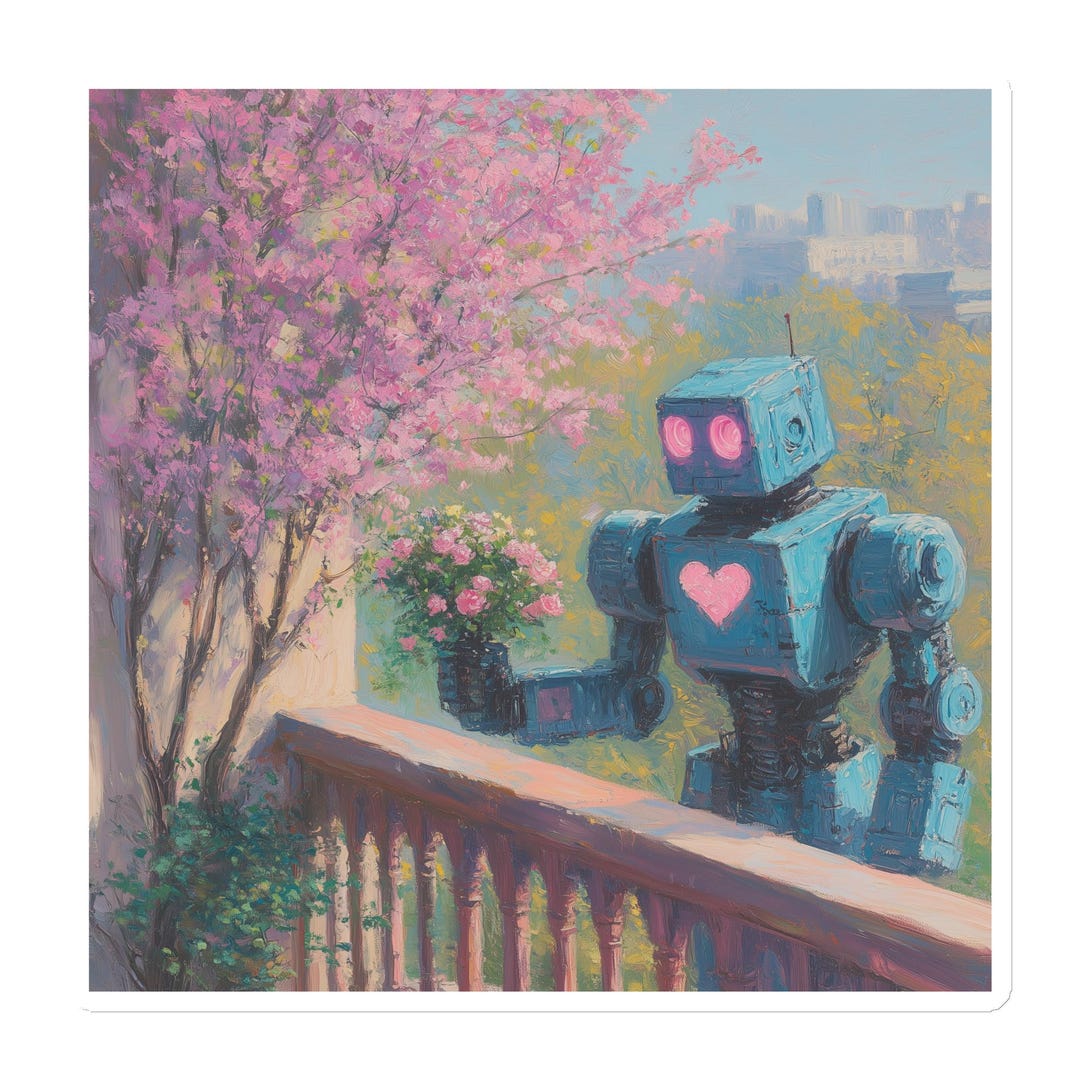 Sweet Robot Love Magnet – Dreamy Sci-fi Fridge Art – Gentle Futuristic ...