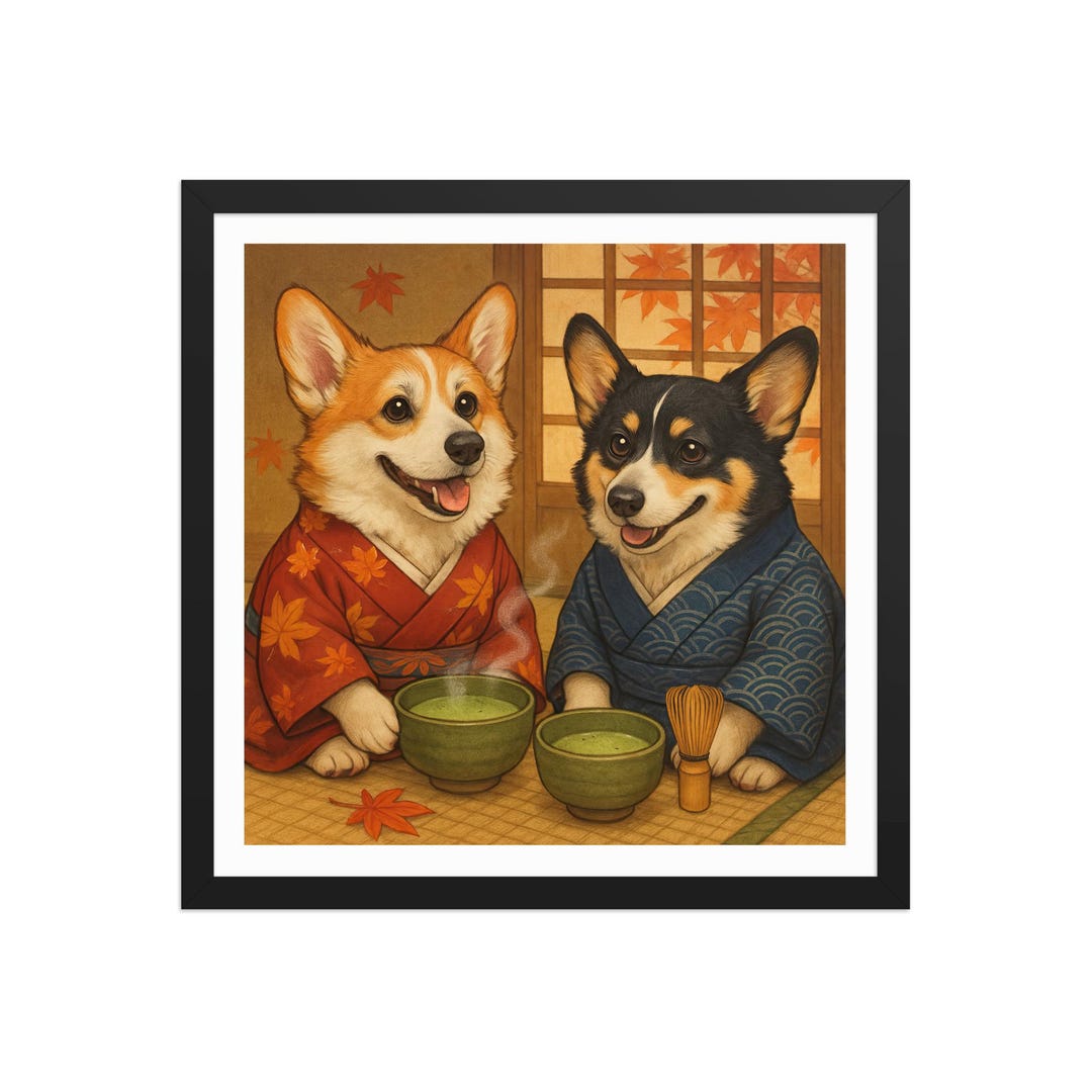 Corgi Tea Ceremony – Kawaii Dog Wall Art – Autumn Kimono Matcha ...