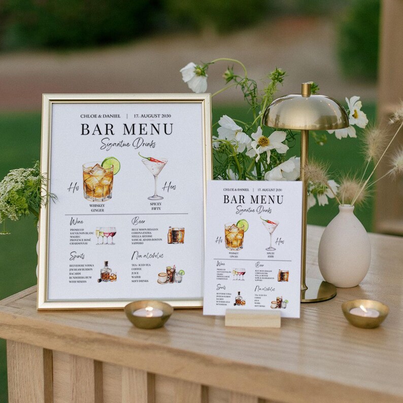 Wedding Bar Menu Sign Template, Signature Drinks Canva Menu Sign, His ...