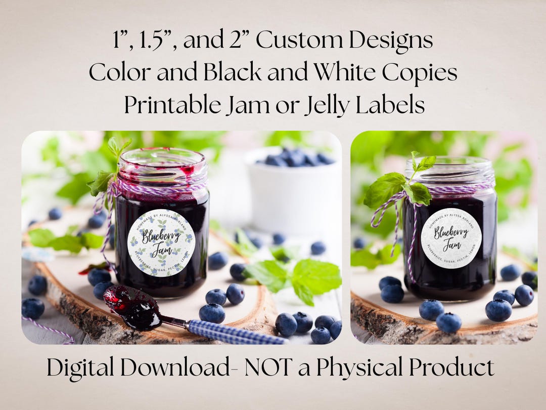 Custom Blueberry Jam Digital Download Labels | Color and Black and ...