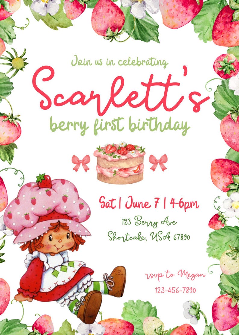 Strawberry Shortcake Birthday Invitation: Editable Canva Template ...