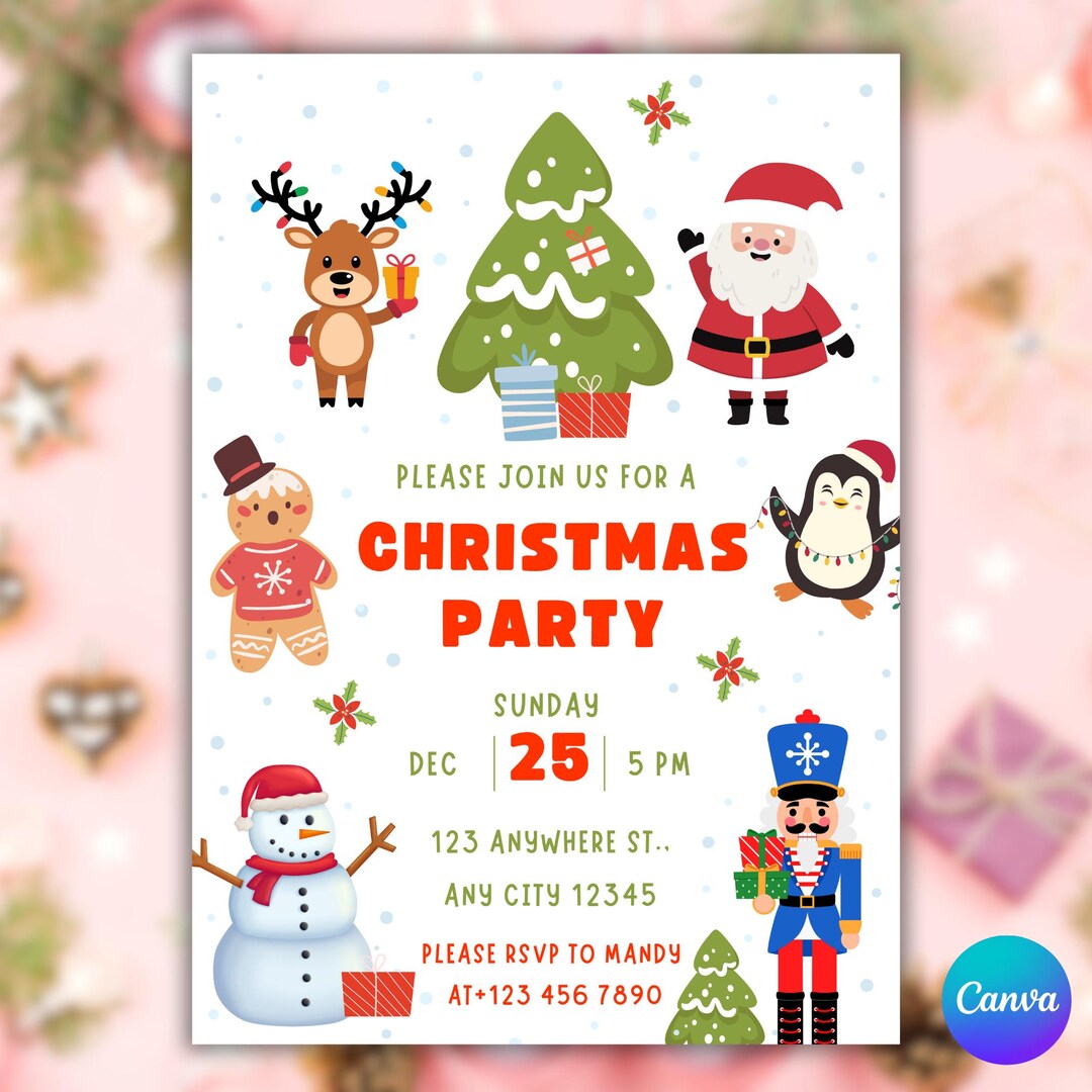 Kids Christmas Party Invitation, Cute Santa Rudolph Snowman Xmas Party ...