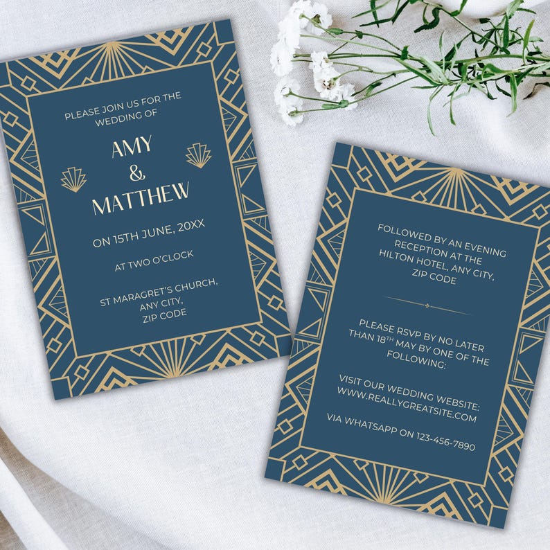 Art Deco Wedding Invitation: Elegant Gold & Navy, Editable Template ...