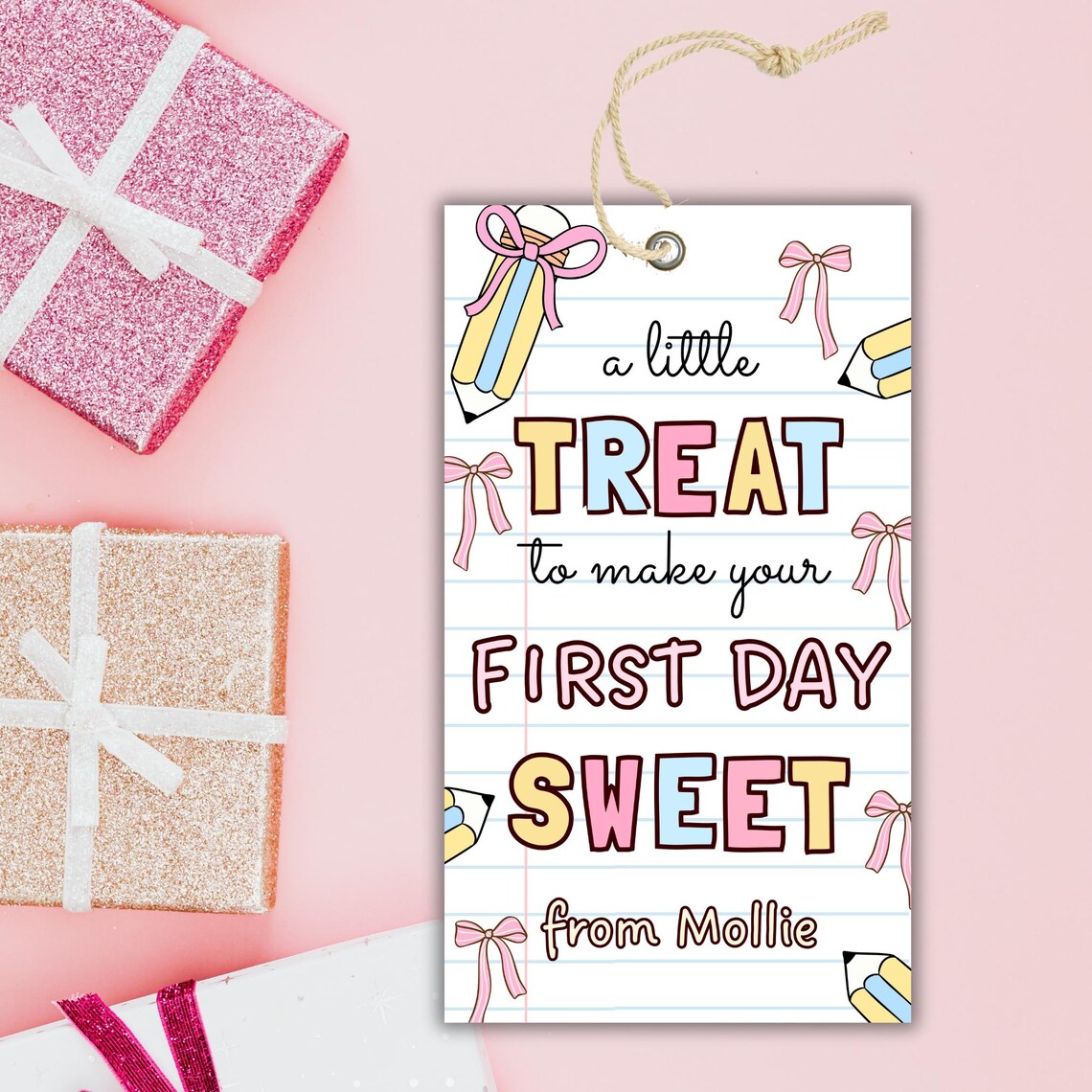 First Day of School Gift Tag: Pencil Bow Design (canva Template Digital ...
