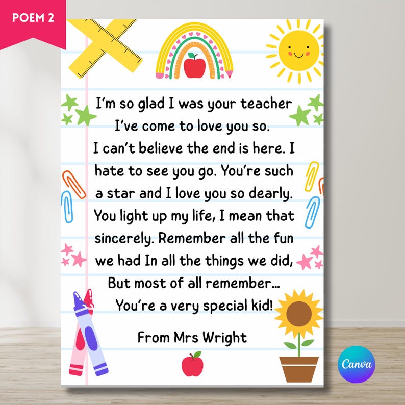 Teacher Goodbye Letter to Student: End of School Poem (canva Template ...