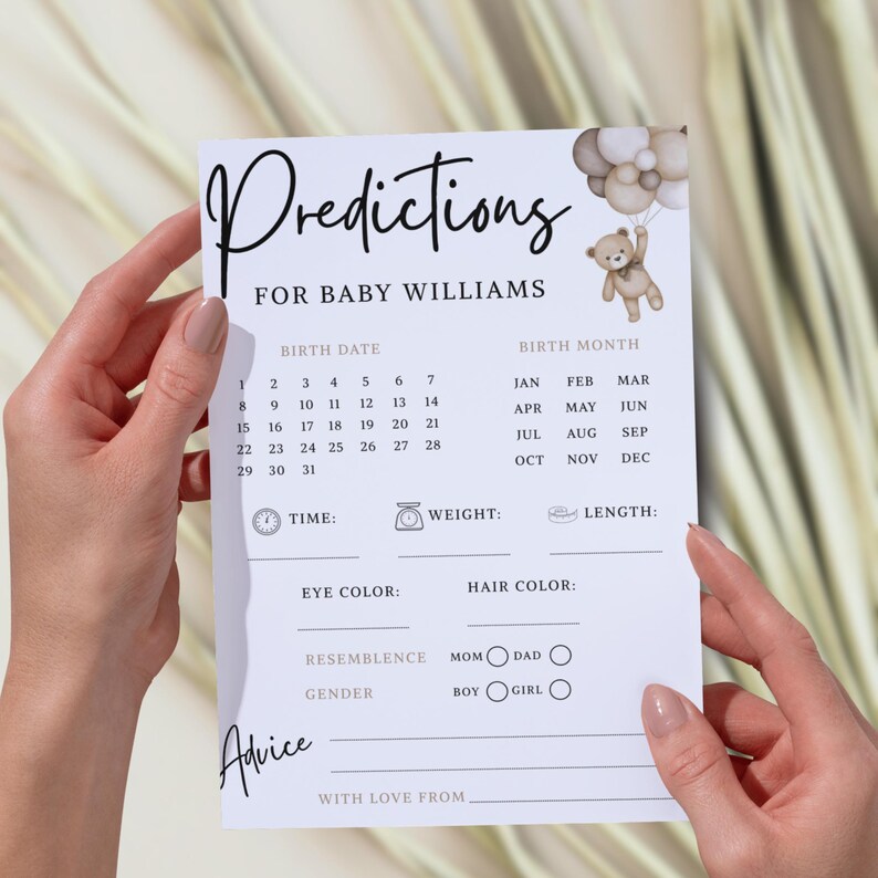 Editable Baby Shower Predictions Teddy Bear Theme, Printable Baby ...