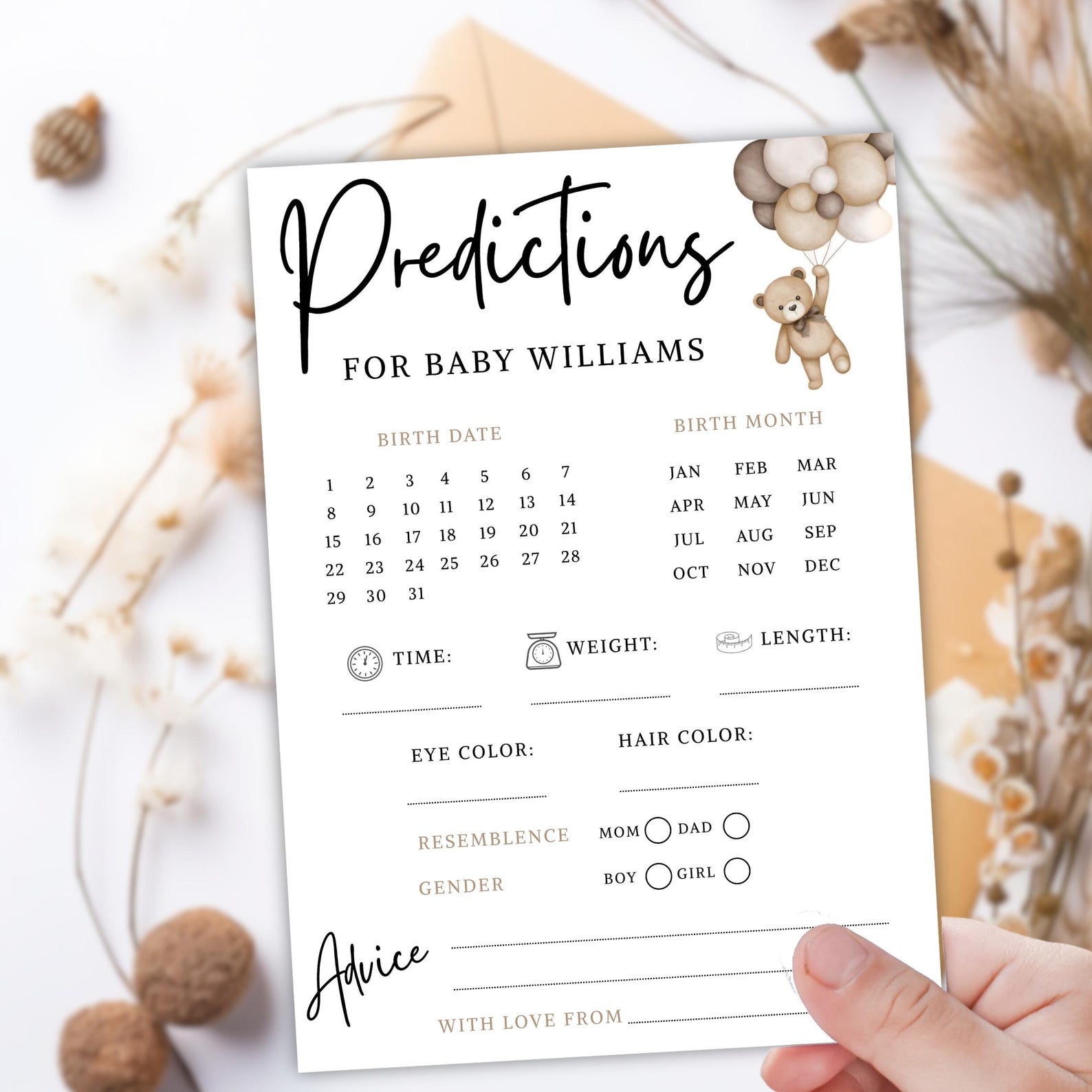 Editable Baby Shower Predictions Teddy Bear Theme, Printable Baby ...