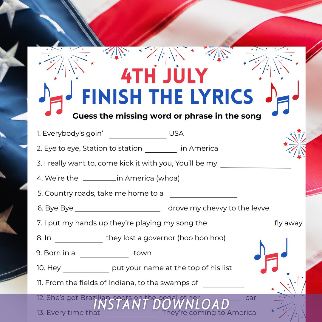 4th July Quiz Game Finish the Lyrics Music Songs, Fourth of July Family ...