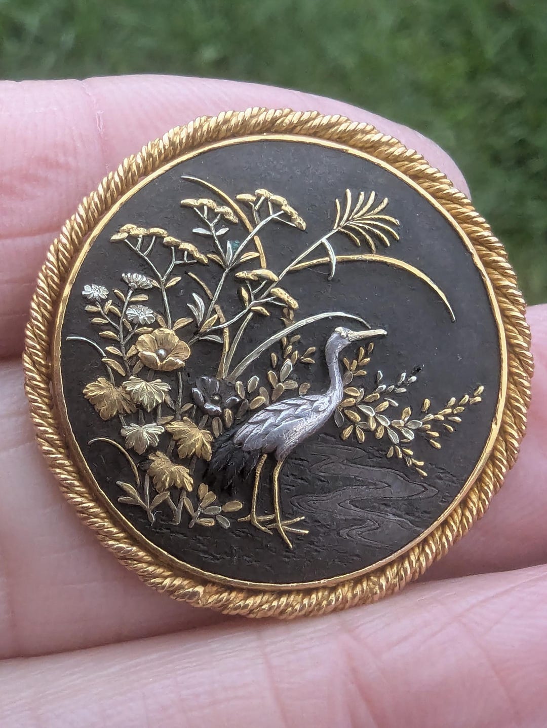 Antique Japanese Shakudō Crane Pendant – Gold Inlay – Meiji Period C ...