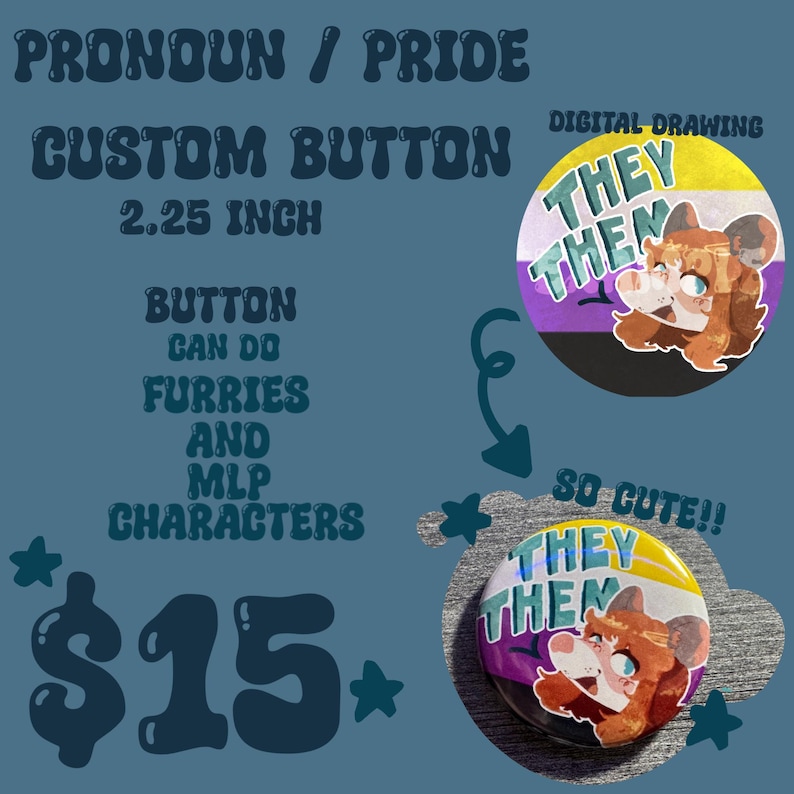 Custom Pride Fursona Pin: Pronoun Badge, Original Character Art - Etsy