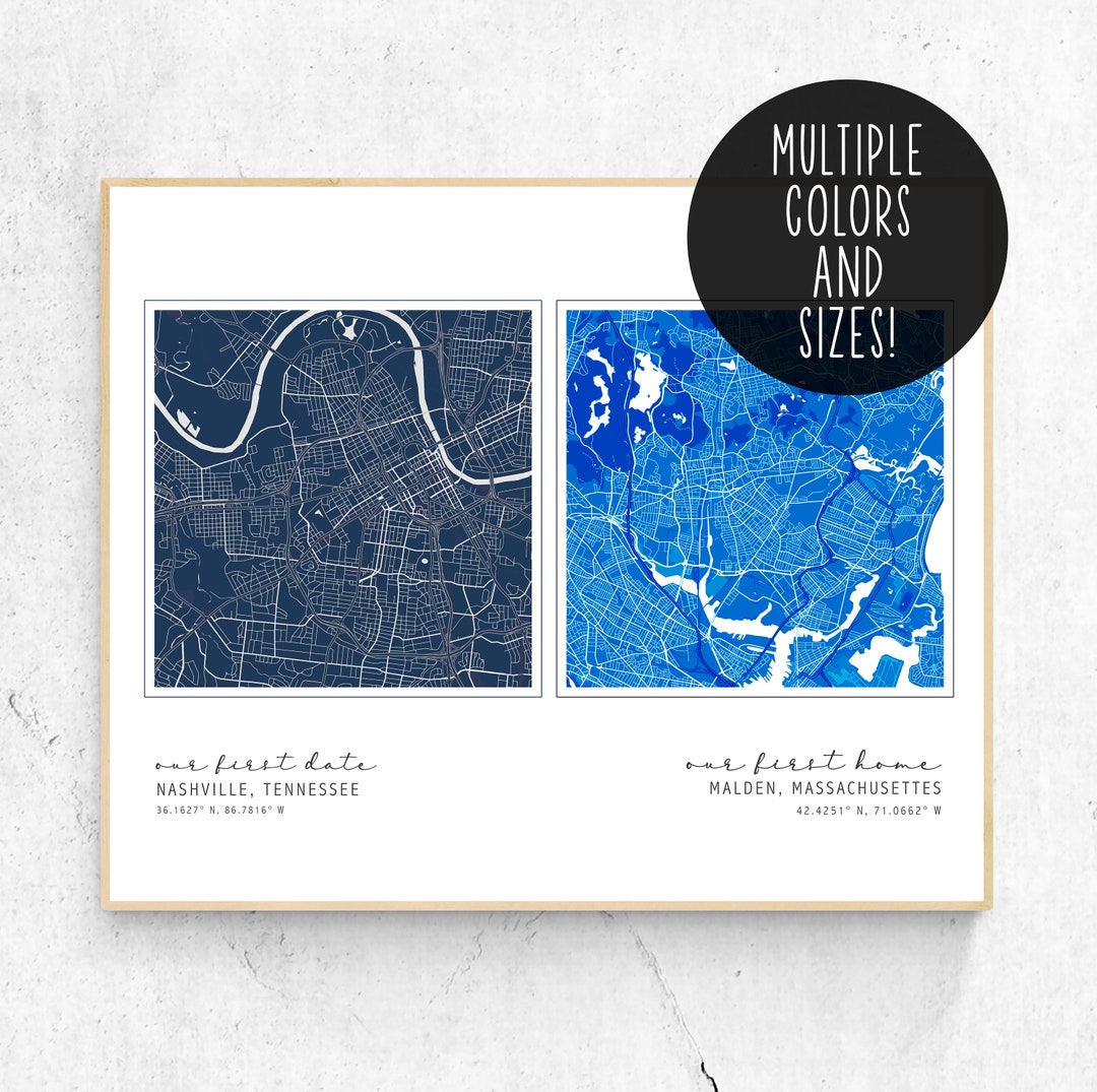 Two City Street Map Poster, Custom City Street Print, Personalized Two ...