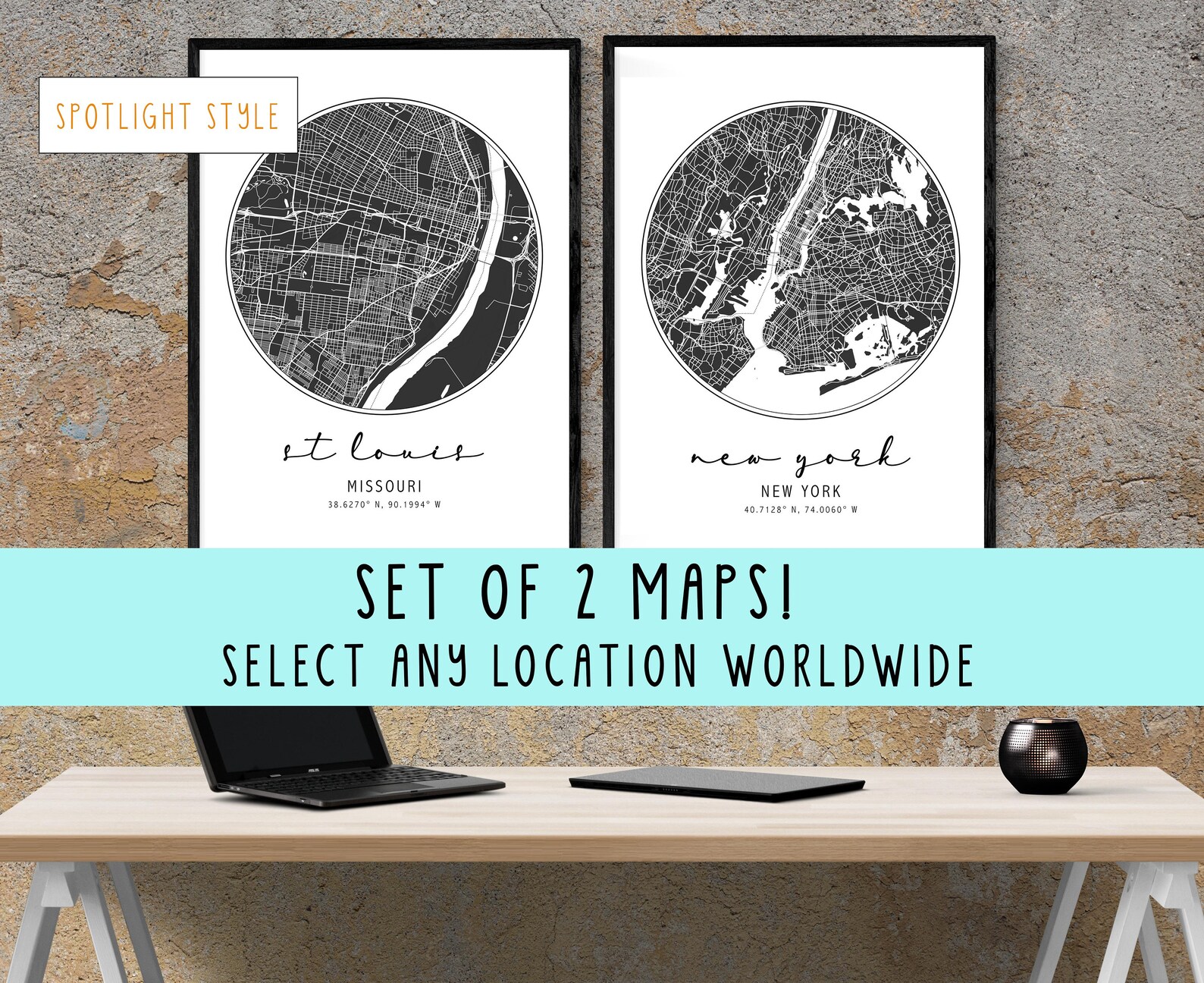 SET OF 2 DIGITAL City Street Map Posters, Latitude and Longitude, Wall ...
