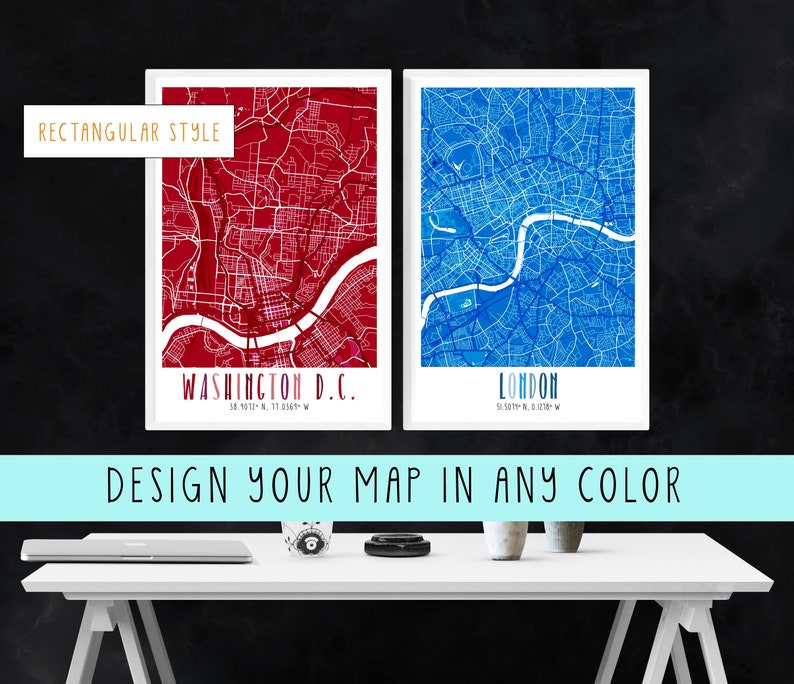 SET OF 2 DIGITAL City Street Map Posters, Latitude and Longitude, Wall ...
