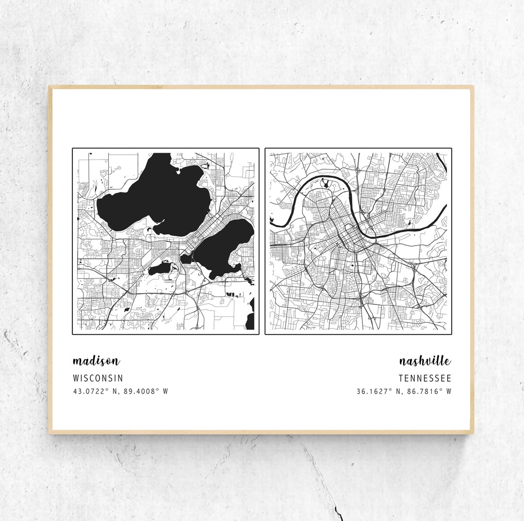 Two City Street Map Poster, Custom City Street Print, Personalized Two ...