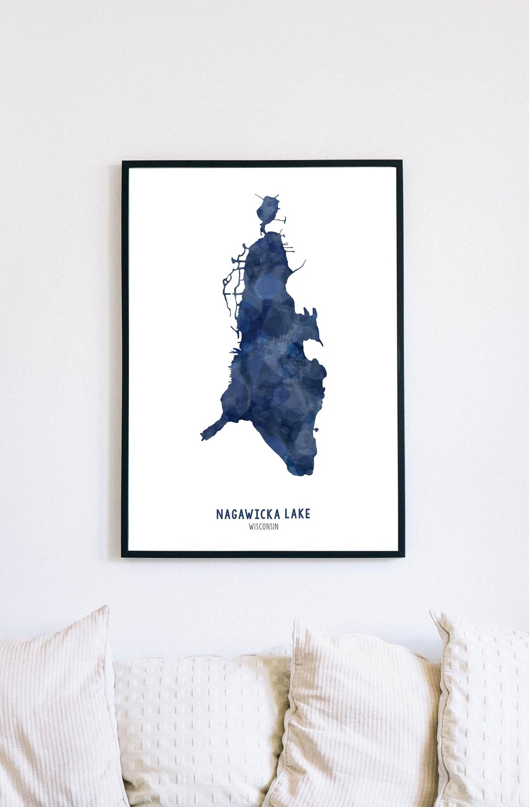 Nagawicka Lake Watercolor Style Art Print | Aerial View Lake Map ...