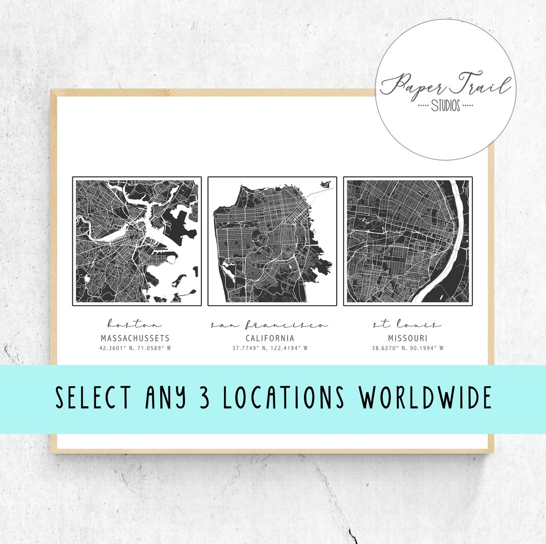 Three City Street Map Poster, Custom City Street Print, Personalized ...