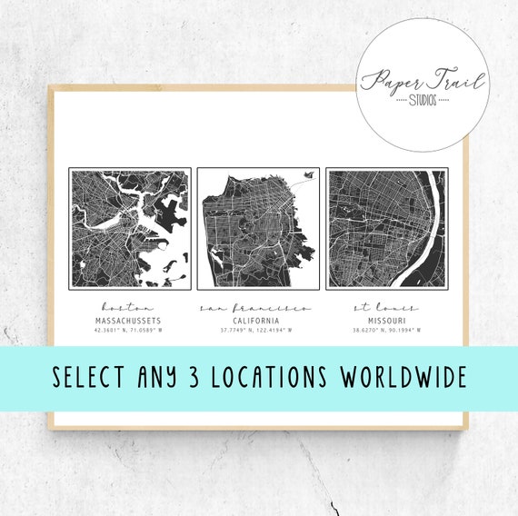 Three City Street Map Poster Custom City Street Print | Etsy