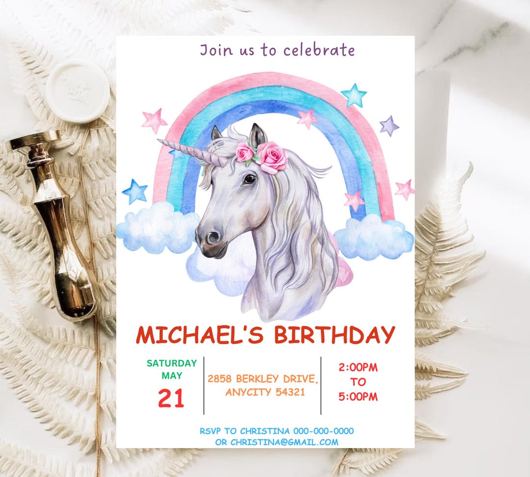 Editable Unicorn Rainbow Unicorn Birthday Invitation, Magical Unicorn ...