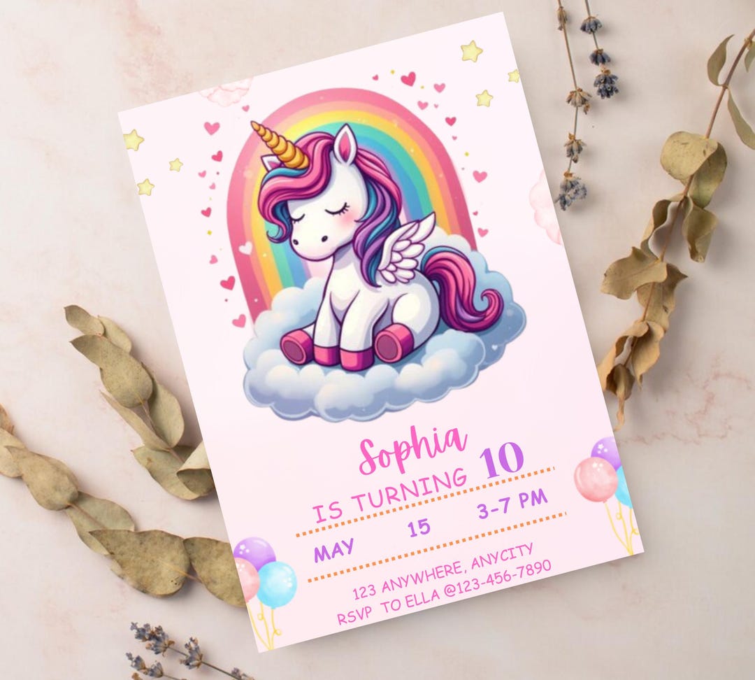Editable Rainbow Unicorn Birthday Invitation, Pink Unicorn, Colorful ...