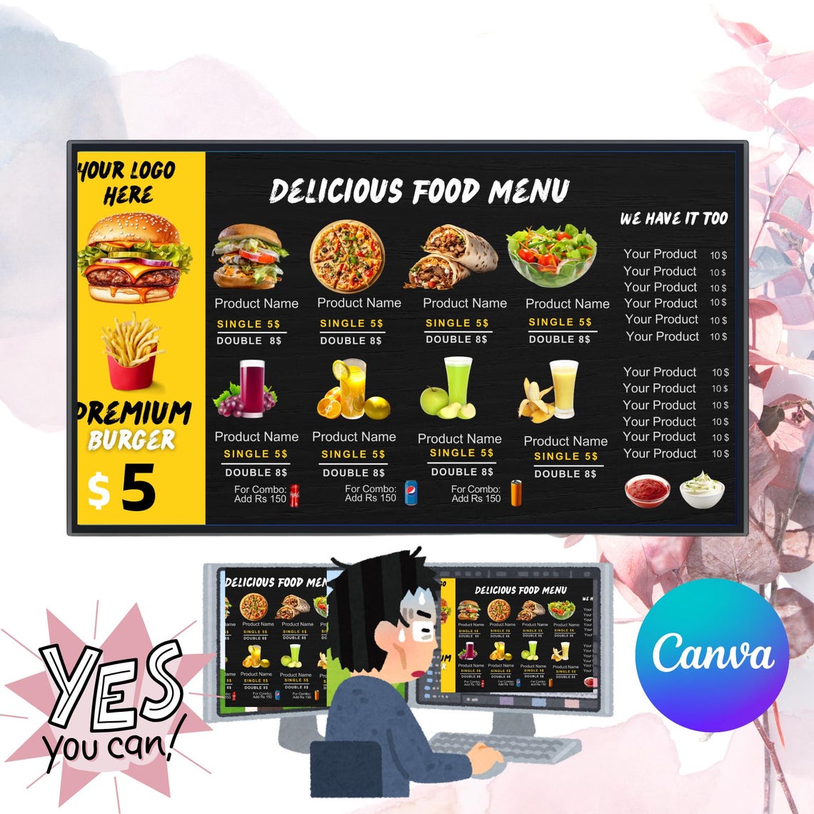 Digital Restaurant Menu Display, Modern Screen Menu Template ...