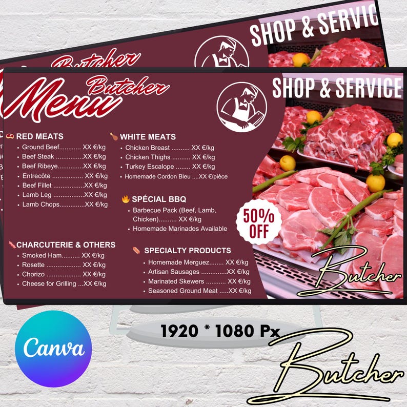 Editable Butcher Shop Menu Template | Digital Meat Price List for TV ...