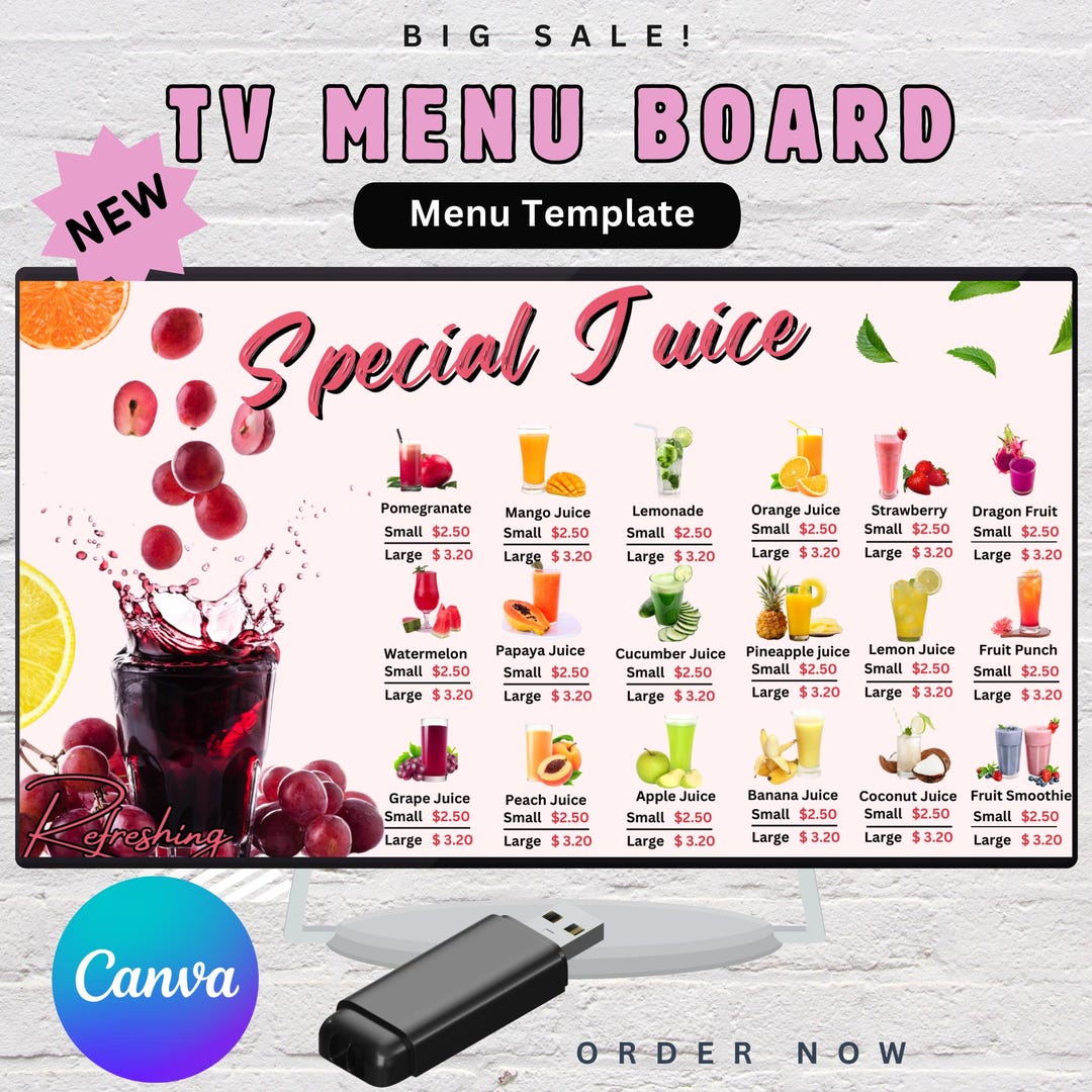 Fresh Juice Bar Menu Template | Editable Digital Smoothie Menu for TV ...