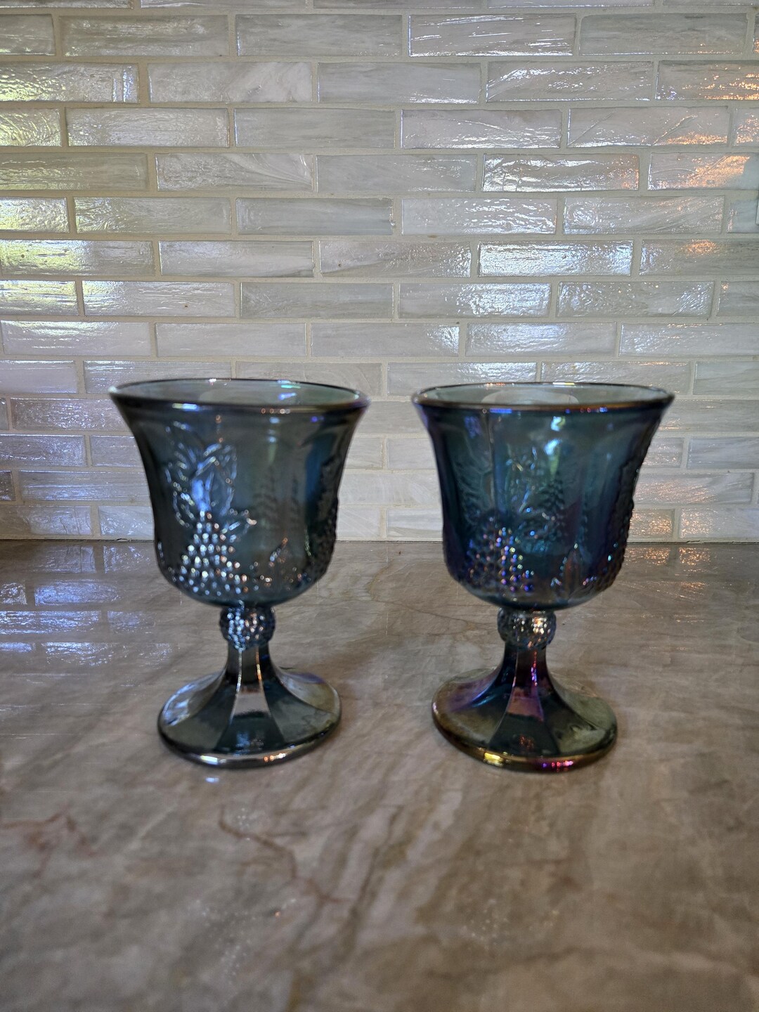Vintage Carnival Iridescent Glass Goblets Blue Harvest Grape Set of 2 ...