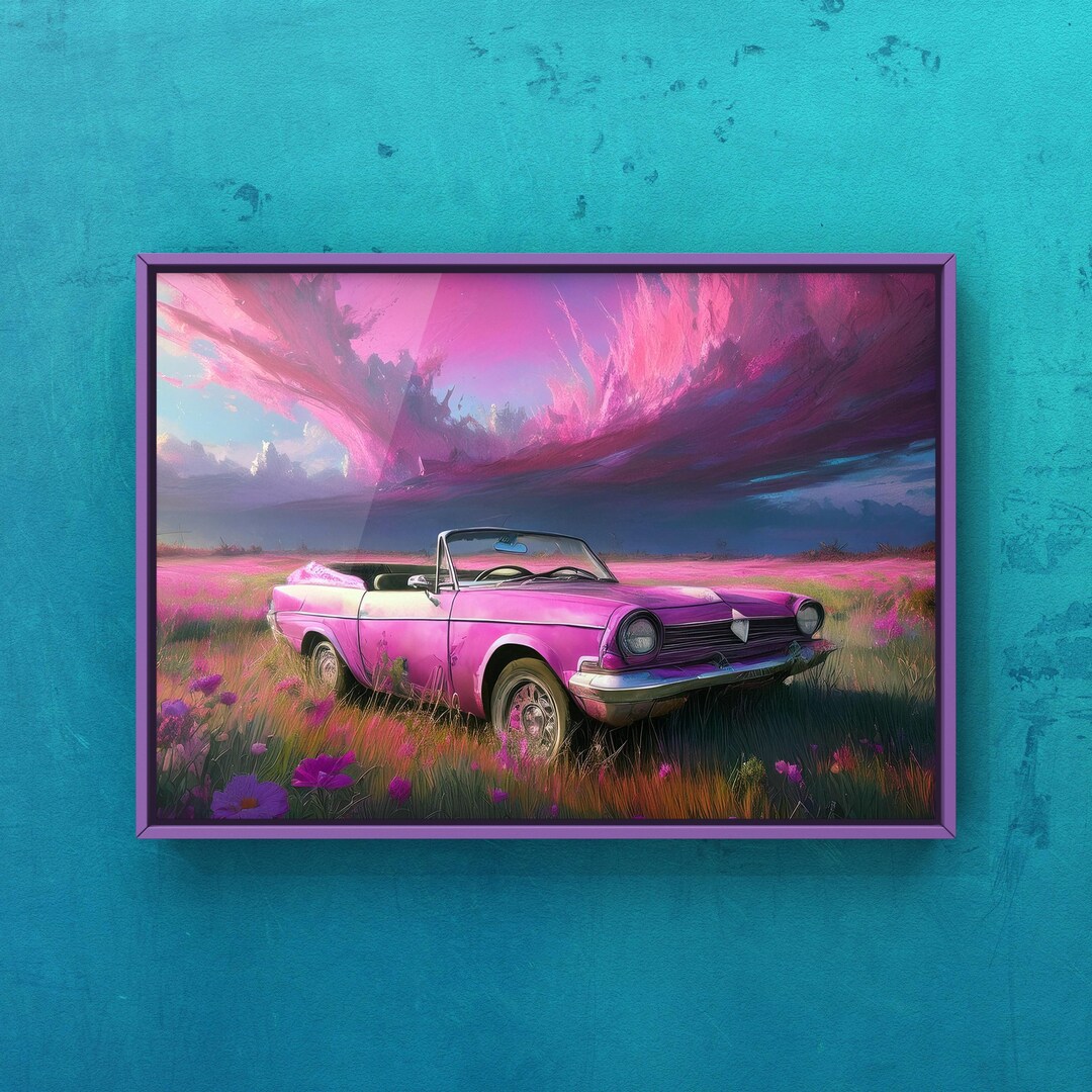Abandoned Pink Vintage Convertible Car in Meadow of Flowers With ...