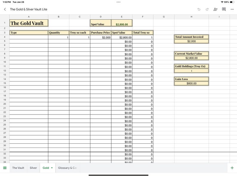 The Gold & Silver Vault Investment Excel Sheet Tracker for Bullion ...