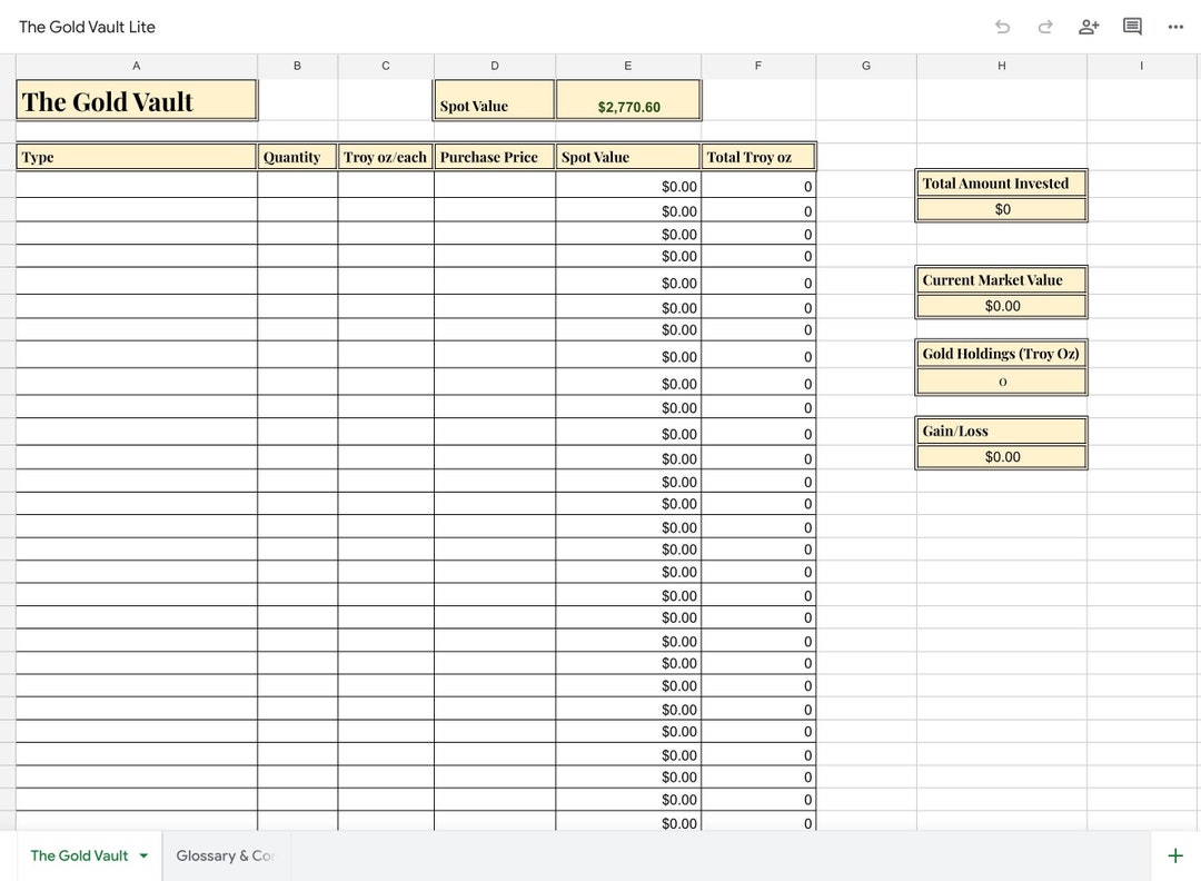 The Gold Vault Lite Investment Excel Sheet Tracker for Gold Bullion ...