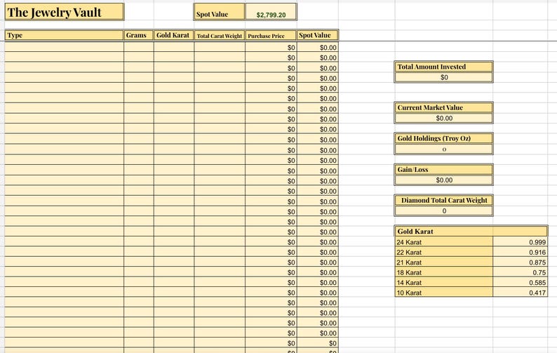 The Jewelry Vault (investment Excel Sheet Tracker for Gold Jewelry ...