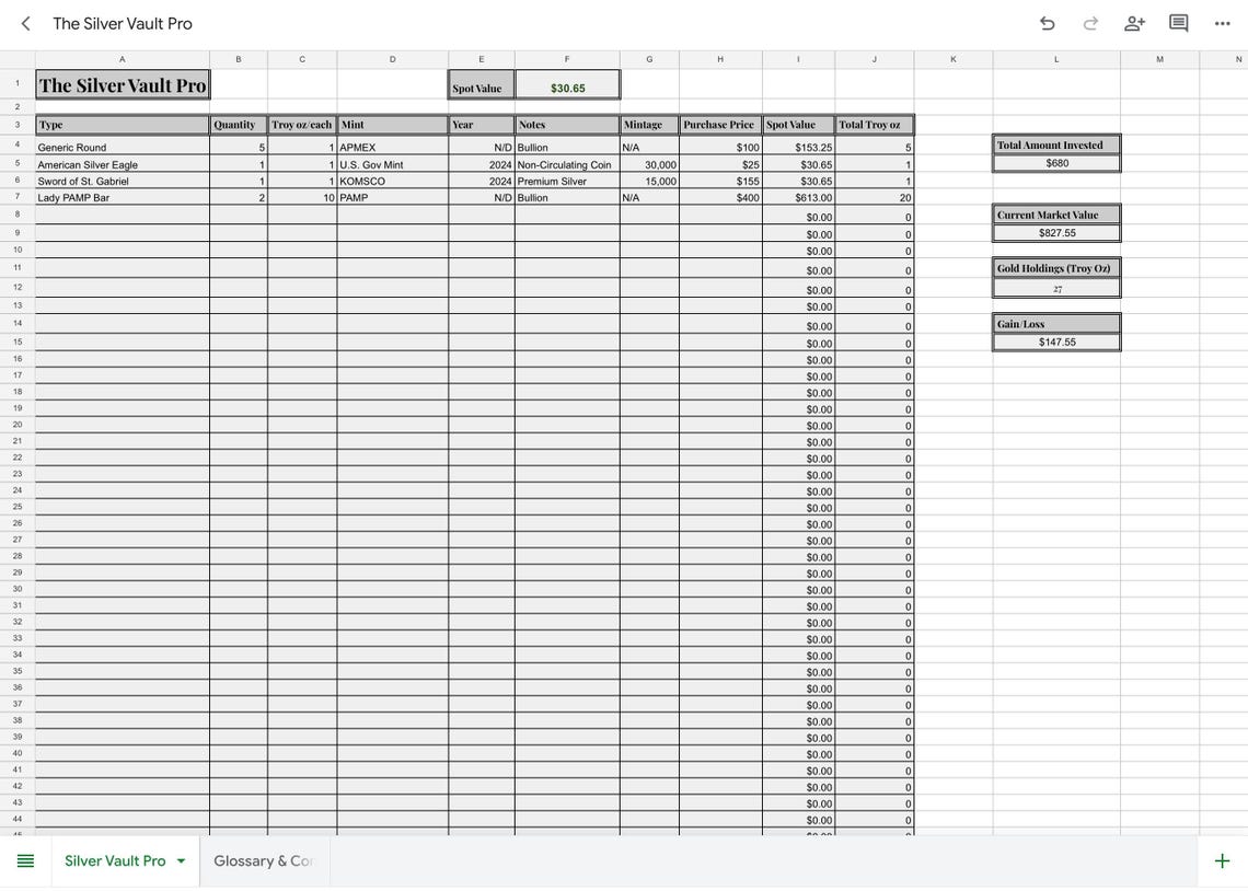The Silver Vault Pro Investment Excel Sheet Tracker for Silver Bullion ...