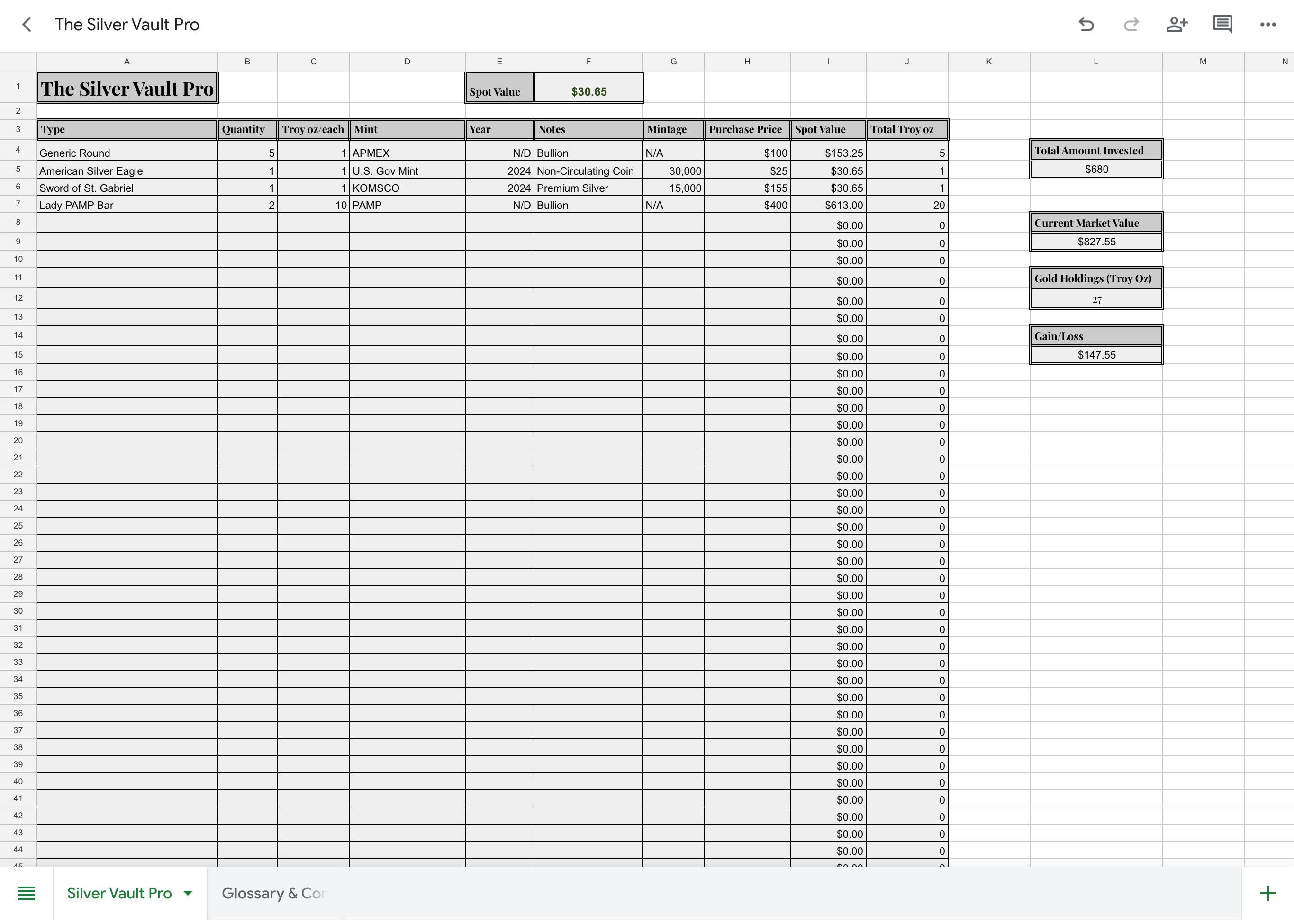 The Silver Vault Pro Investment Excel Sheet Tracker for Silver Bullion ...