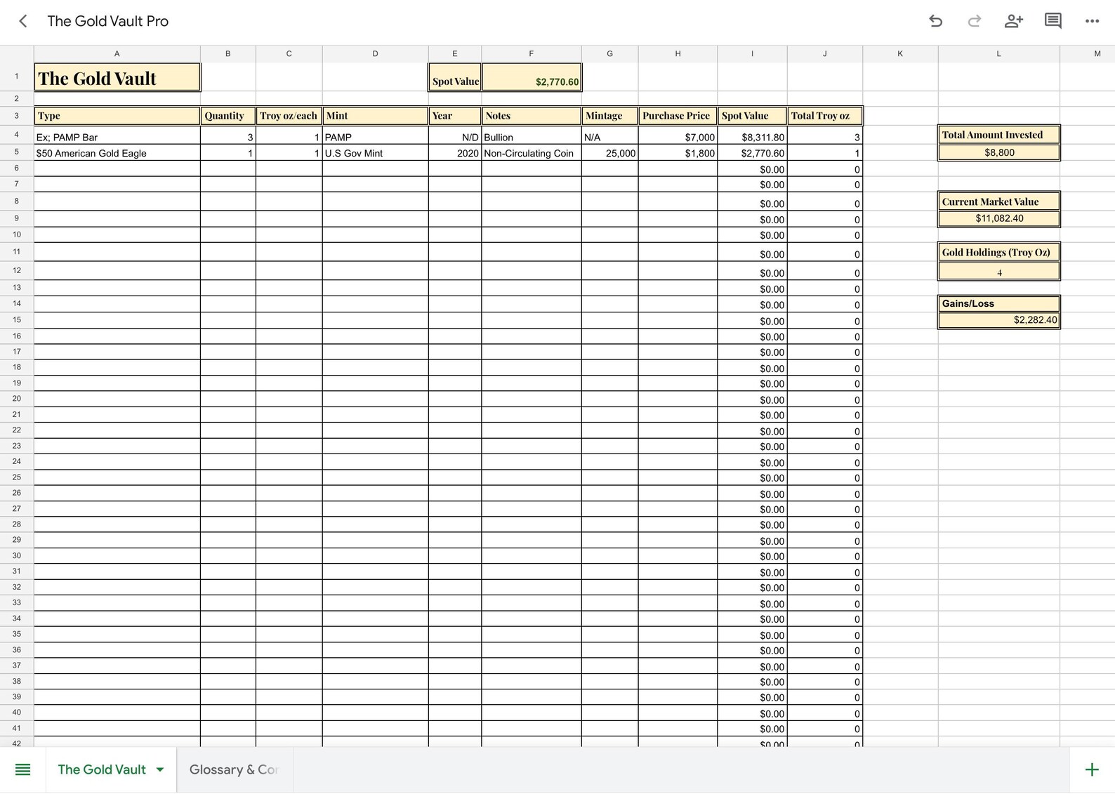 The Gold Vault Pro Investment Excel Sheet Tracker for Gold Bullion ...