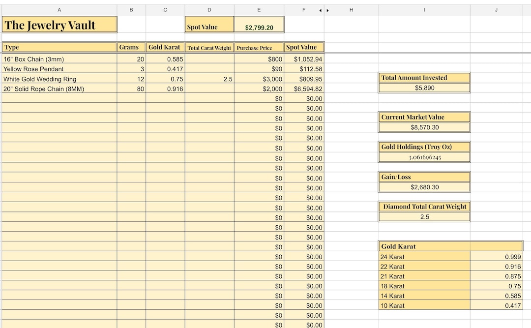 The Jewelry Vault (investment Excel Sheet Tracker for Gold Jewelry) - Etsy
