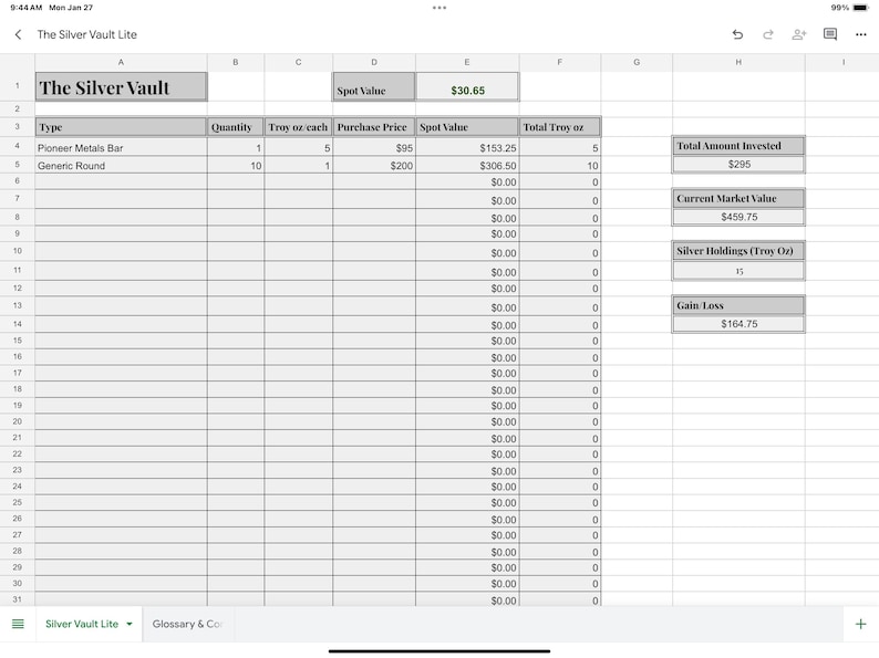 The Gold & Silver Vault Investment Excel Sheet Tracker for Bullion ...