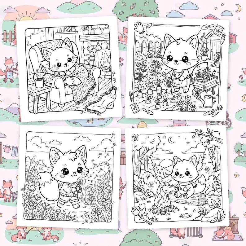 Kawaii Fox Coloring Book: Cozy Countryside Scenes (24 Pages, PDF ...